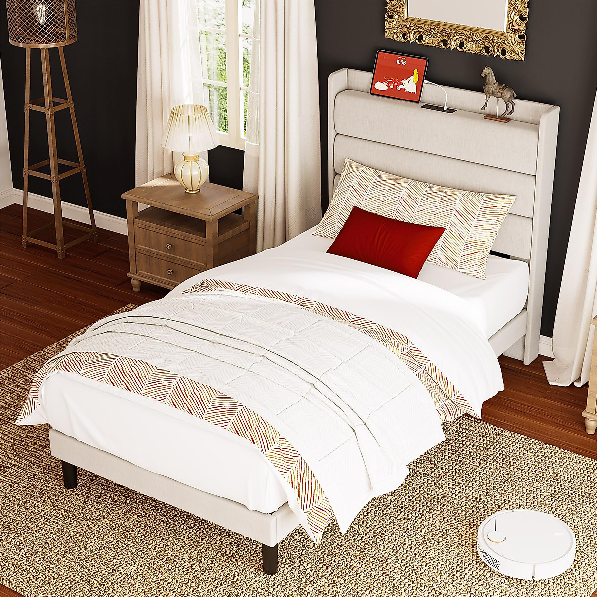 LIKIMIO Twin XL Bed Frames, Storage Headboard with Outlets, Sturdy and Stable, No Noise, No Box Springs Needed, Beige