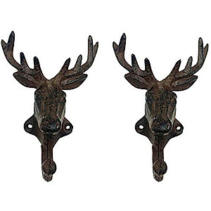 Grace Home Set of 2 Cast Iron Heavy Duty Rustic Deer Head Wall Hook Keys Towels Hooks Vintage Metal Wall Mounted Decorative Wall Hanger Nature Lovers Gift Idea (Deer Head)