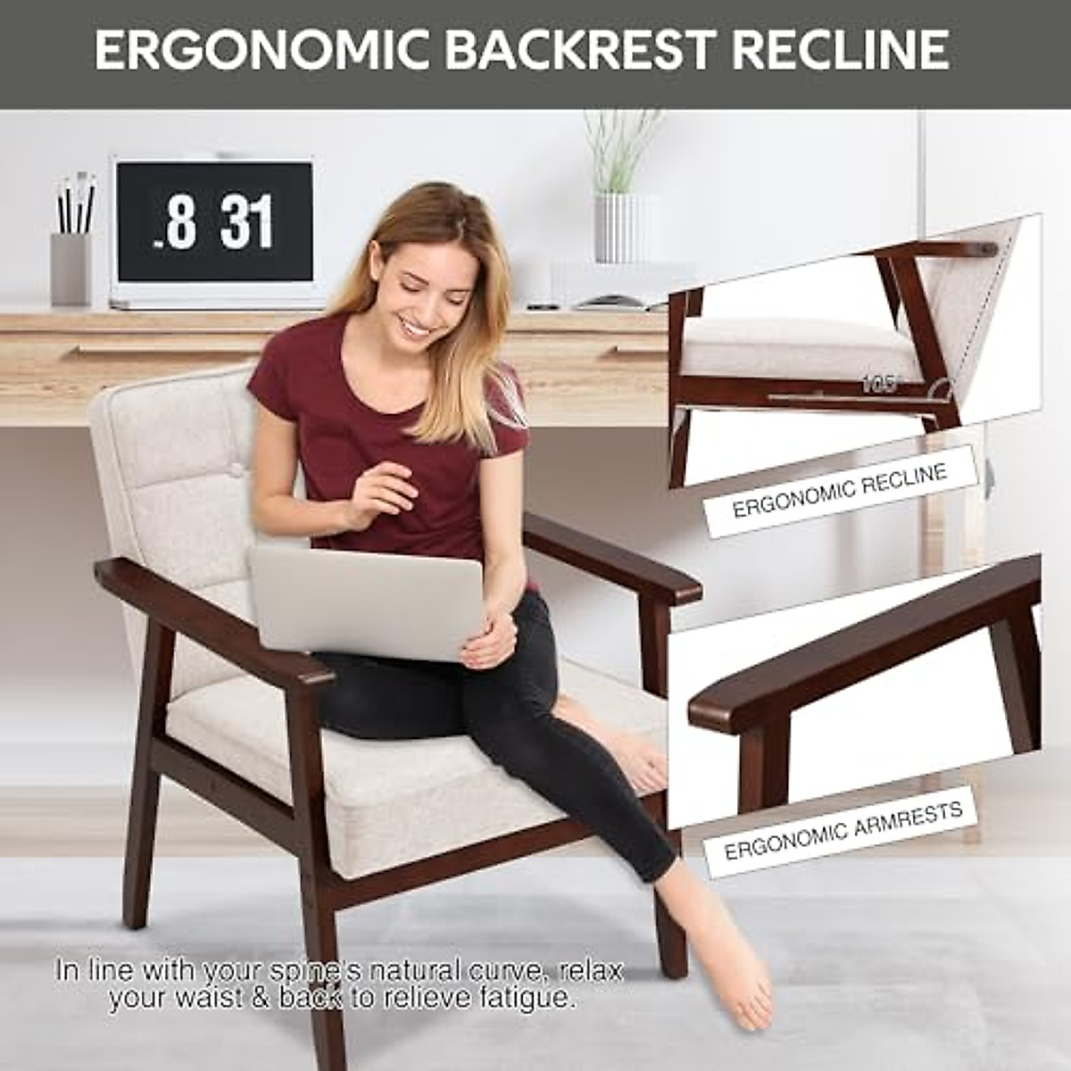 Hupmad Mid Century Accent Chair,Single Linen Upholstered Armchair with Solid Wood Frame,Wooden Side Chair Retro Lounge Sofa Leisure Chair for Living Room, Bedroom, Beige