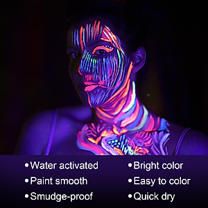 MEICOLY Glow UV Blacklight Face Paint, 8 Bright Colors Neon Fluorescent Body Painting Palette,Water Activated Eyeliner,Water Based Glow In The Dark Party Halloween Washable for Kids Adult Body Paint