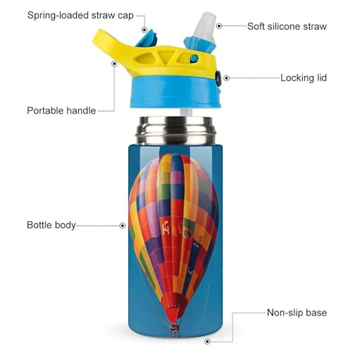 Stainless Steel Water Bottles Hot Air Balloons Travel Water Cups with Handle And Silicone Straw Drinking Cup with Leak Proof Lid Thermo Travel Mug for Women Men