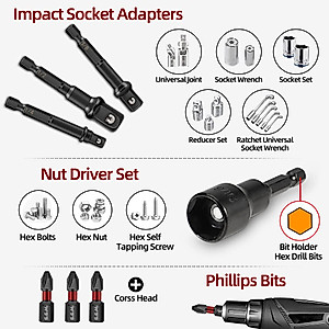 15PCS Impact Rated Magnetic SAE Nut Driver Set with Socket Adapter and Phillips Screwdriver Drill Bits,Extension Bit Holder 1/4" Quick Change Hex Shank for Cordless Impact Drive Nuts Or Bolts