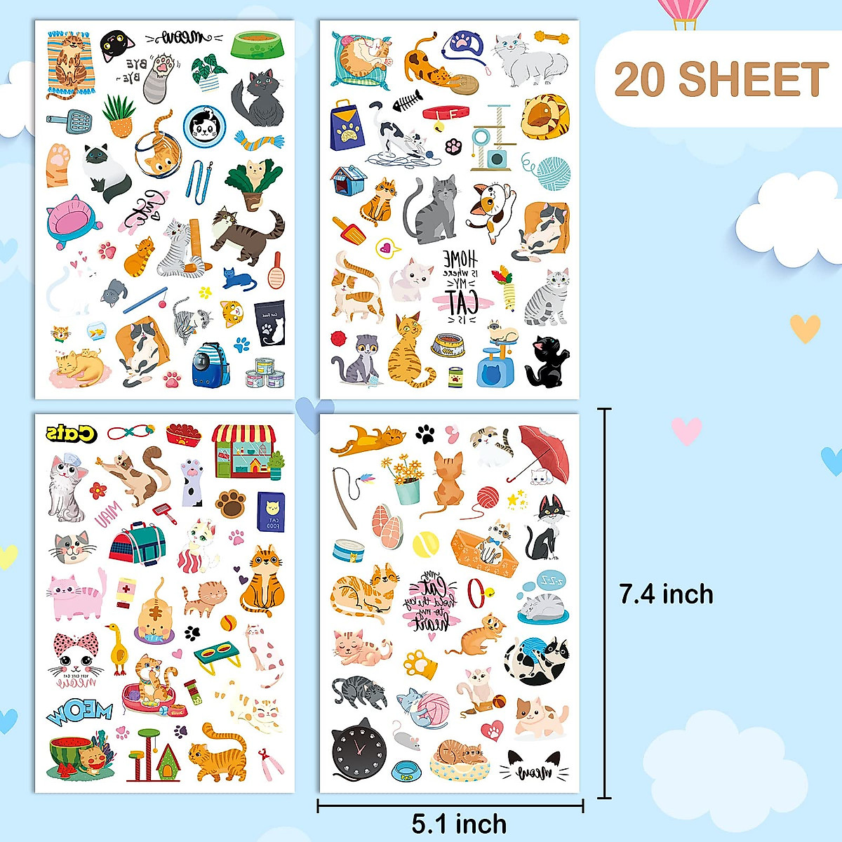 Cute Cat Temporary Tattoos for Kids 690 Pieces Cat Birthday Themed Party Supplies Favors Goodie Bags Decor Sticker Tattoos Valentine's Day Gifts Gift for Boys Girls Classroom Prizes Carnival Rewards