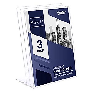 Slant Back Acrylic Sign Holder 8.5 x 11 Inches, Acrylic Stands for Display, Portrait Ad Frames, Flyer Holder, Menu Holder Paper Stand, Table Sign Holders for Home, Office, Store, Restaurant (3 Pack)
