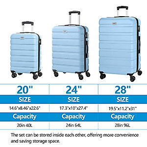 AnyZip Luggage Sets 3 Piece PC ABS Hardside Lightweight Suitcase with 4 Universal Wheels TSA Lock Carry On 20 24 28 Inch Light Blue
