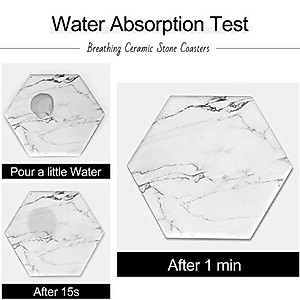 6 pcs White Marble Coasters for Coffee Table Drink Absorbent Coasters with Holder Hexagon Stone Cup Coaster Set Thirstystone Coasters Ceramic Bar Coasters