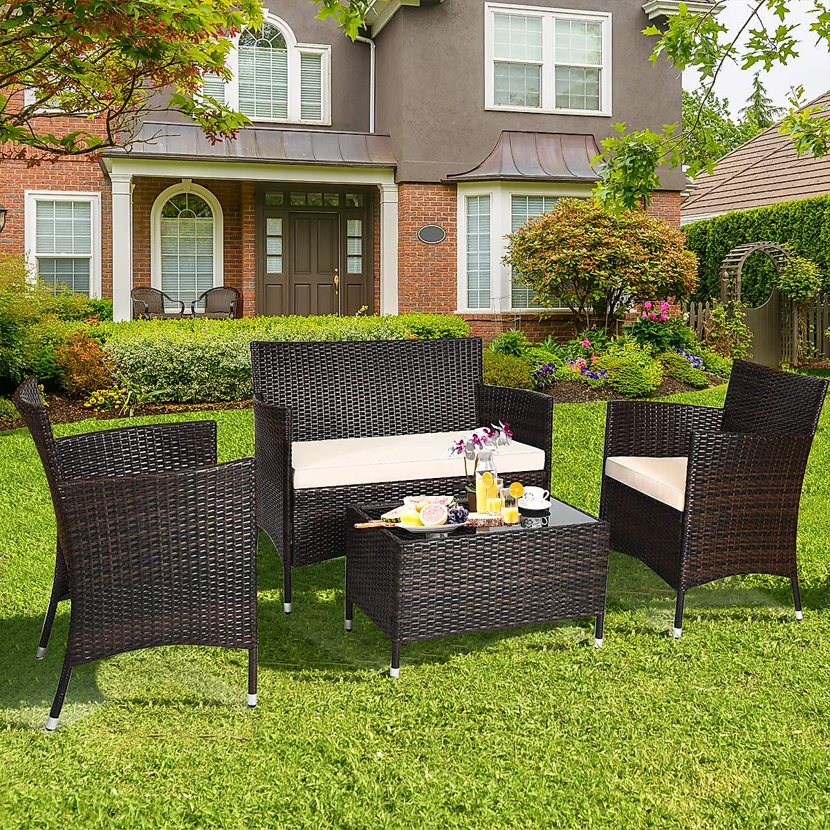 ARLIME 4-Piece Wicker Patio Furniture Set, Outdoor Rattan Sofa Couch Set, All Weather Rattan Sectional Sofa with Thick Seat Cushions & Glass Coffee Table, Patio Garden Lawn Conversation Set (Brown)