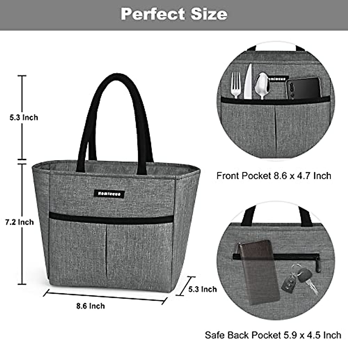 Insulated Lunch Bags for Women Men Thermal Lunch Bag with Front Pocket Leakproof Lunch Tote Bag Reusable Adult Lunch Bag Lunchbox with Small and Large Size for Office Work Picnic Shopping (Gray-S)
