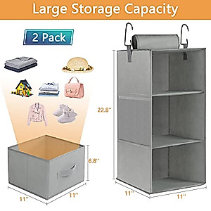 Hanging Closet Organizer, 2 Pack Hanging Closet Shelves w/ Drawers, 3-Shelf Foldable Hanging Organizer by 2 Hanging Ways for Closet Wardrobe Rv Dorm Bedroom Nursery Storage, 22.8x11x11in (Gray)
