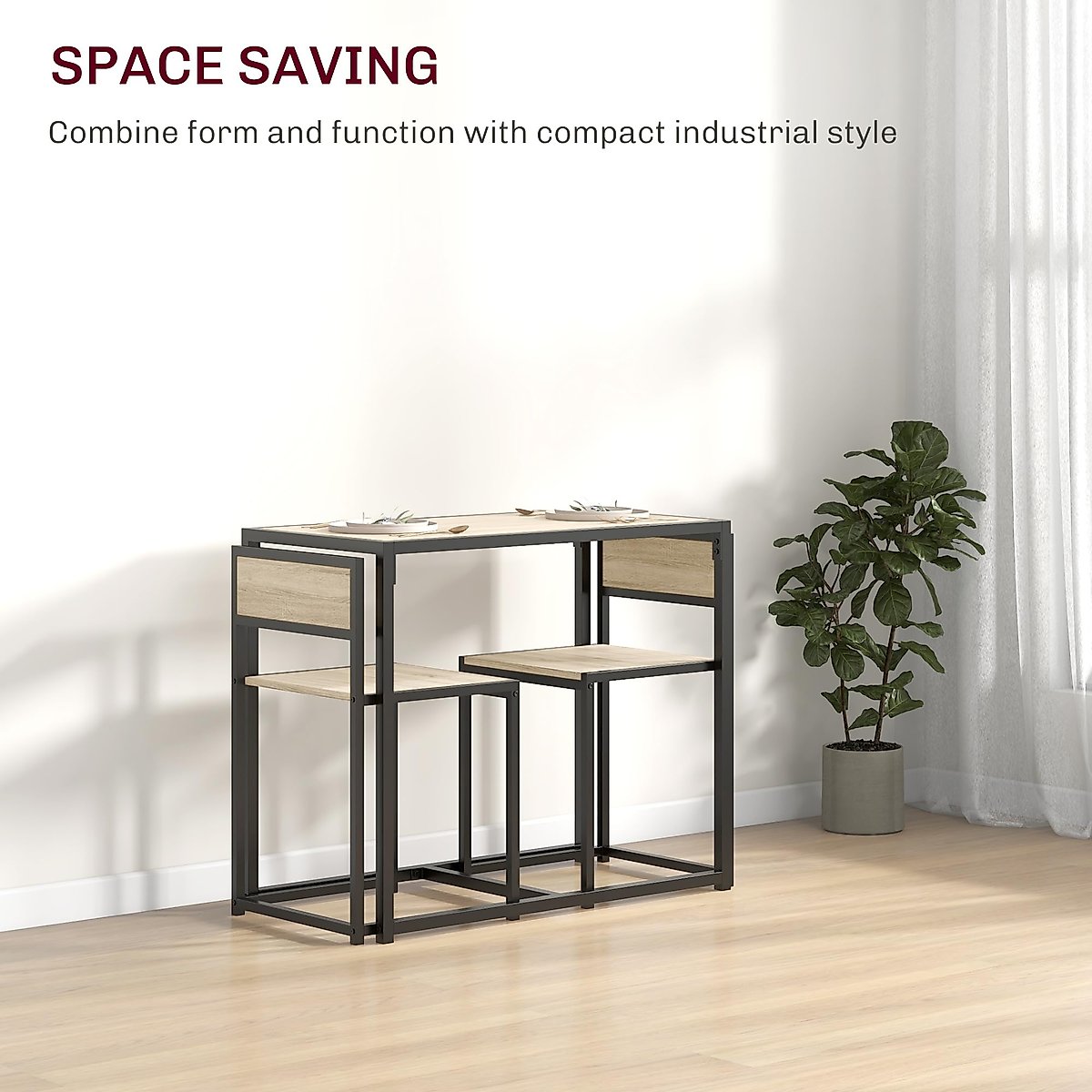 HOMCOM 3-Piece Industrial Dining Table Set for 2, Kitchen Table and Chairs, Dining Room Sets for Small Spaces, Oak
