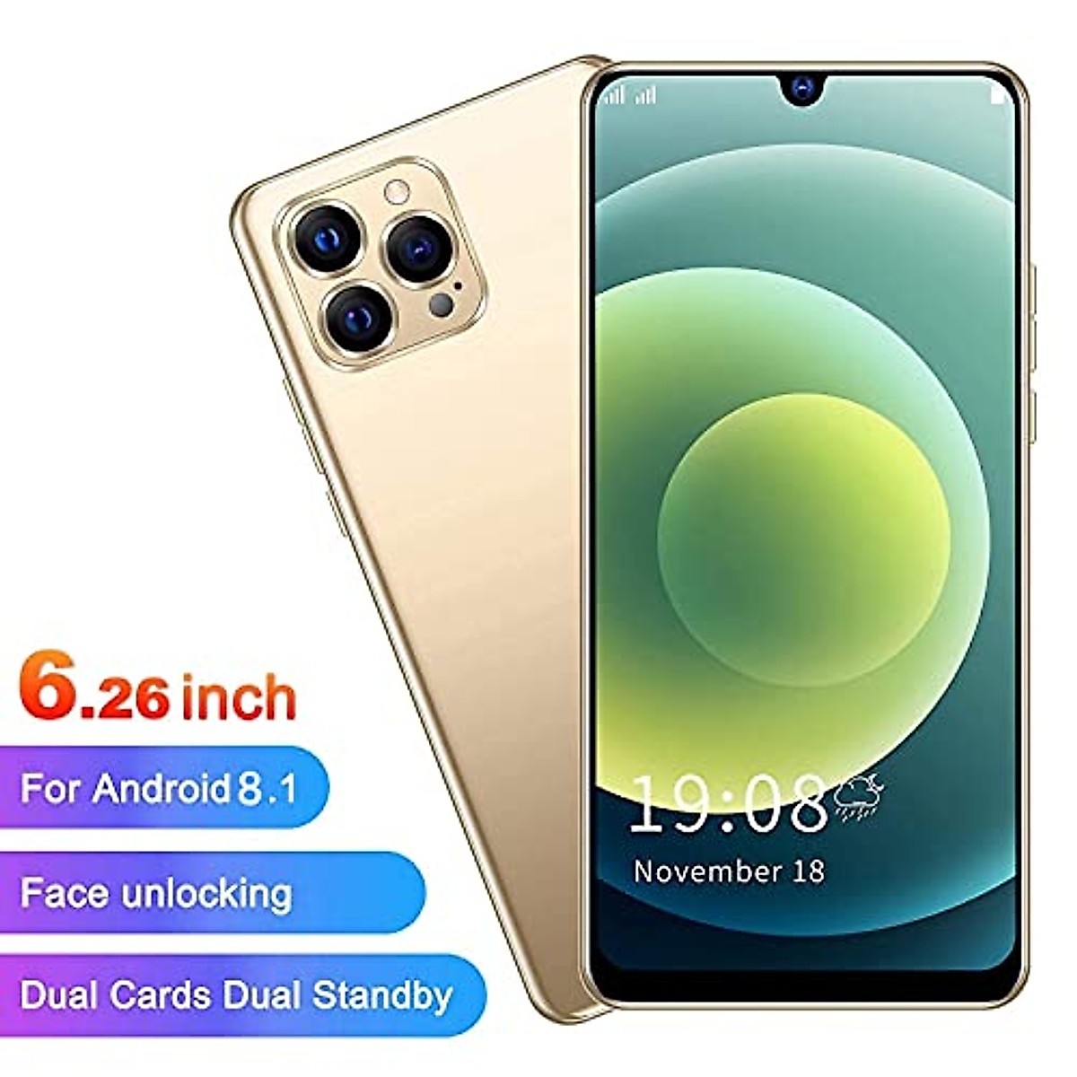 Vbestlife 3G Unlocked Smartphone, 6.26in HD Screen Unlocked Cell Phone, Support Face Fingerprint Unlock Cell Phone, for Android 5.1, 1G 8G, Dual SIM, WiFi, Built in GPS, Dual Camera