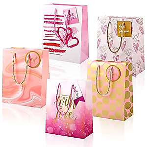 MAMUNU 5 Pack Gift Bags Medium Size, Pink paper Bag with Dot, Love, Heart Pattern, Party Favor Bags Bulk with Handles for Valentine's Day, Wedding, Mother's Day, Birthday, Anniversary, Baby Shower Goodie Bags, 9.8 x 7.9 x 3.9 Inch