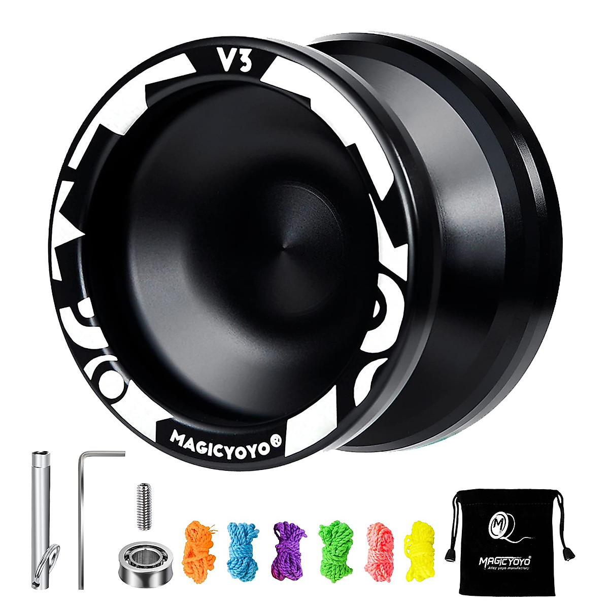 Pro Yoyo V3 - Aluminum Yoyo, Responsive & Unresponsive, Ideal for Kids + Strings + Bag + Bearing + Tool (Black)