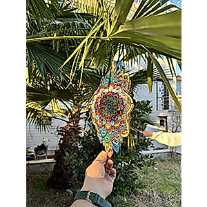 Mandala Wind Spinners for Yard and Garden, 3D Stainless Steel Hanging Spinner for Outdoor & Indoor Decorations, 360 Degree Swivel, 12 inch Spinner