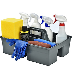 3-Compartment Plastic Cleaning Caddy Tray– Stackable Large Commercial Quality Plastic Tool Organizer Bucket with Handle, Grey