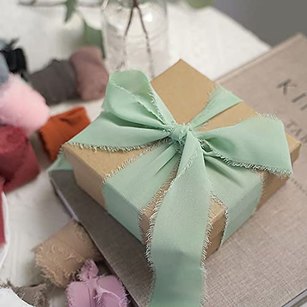 YAKA 4 Rolls Handmade Fringe Chiffon Silk Ribbon Mixed Color Gauze 1.5" x 7.5Yd Ribbons Set for Wedding Invitations, Bridal Bouquets, Gifts Wrapping, DIY Crafts Gifts Wrapping & Bow Making