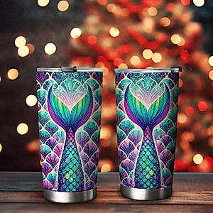 20oz Mermaid Tumbler, Gifts for Mermaid Lovers, Sea, Ocean, Beach Gifts, Coffee Thermos for Women, Stainless Steel Double Wall Vacuum Insulated Coffee Mug, Travel Cup with Lid