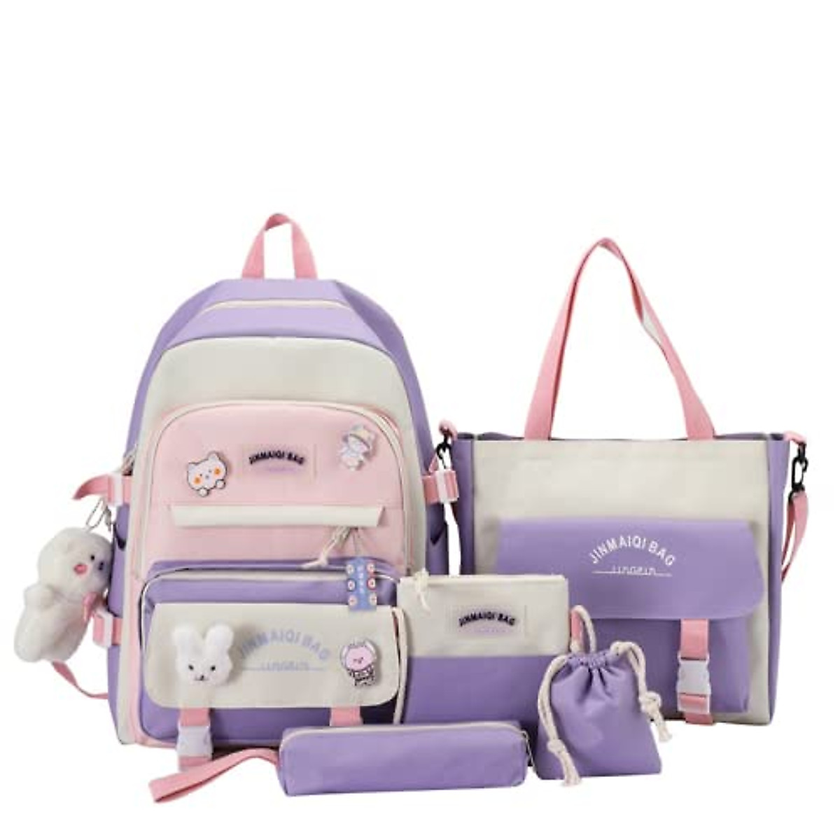 DAHUOJI Kawaii Backpack Set 5pcs Aesthetic Backpack for School Teens Girls Daypack Large with Pendants and Pins, Pen Case, Tote Bag, Small Bag(Purple)