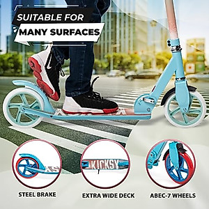 Kicksy - Kick Scooter for Kids Ages 8-12 & Scooter for Teens 12 Years and Up- Big Wheel Scooter for Stability - 2 Wheel Scooter for Boys & Girls- Foldable Kick Scooter Adult - Up to 220 lbs Malibu