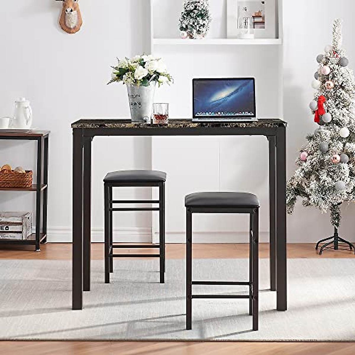 VECELO 3 Piece Dining Table Set with Cushion Stools Counter Height Pub Tabletop for Kitchen Dinette Breakfast Nook Bistro, Small Place, Seating for Two, Retro Brown