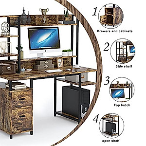 PAKASEPT Computer Desk with Hutch and Storage Shelf, 55" Home Office Desk with Drawer and Monitor Stand Riser Drawer Industrial Study Writing Table Workstation for Home and Office