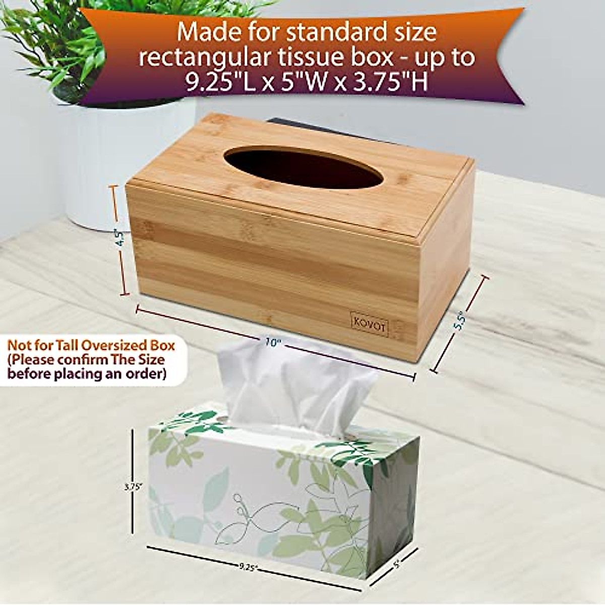 KOVOT Rectangular Tissue Box Holder - Natural Bamboo Tissue Box Cover with Sliding Bottom - Modern Brown Natural Wooden Rectangular Tissue Holder - Fits a Standard Tissue Box 9.25" L x 5" W x 3.75" H