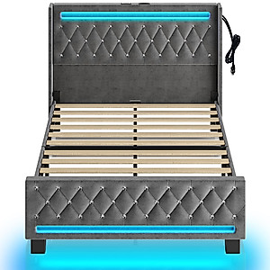 Rolanstar Queen Bed Frame with LED Light and Charging Station, Upholstered High Headboard and Footboard, Wood Slats, Noise Free, Easy Assembly, Grey