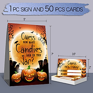 Halloween Guess How Many Candies Baby Shower Party Game Cards, Funny Pumpkin Orange Party Raffle Ticket, Gag Activities Party Decorations Game Cards Kit (1 Standing Sign + 50 Guessing Cards)