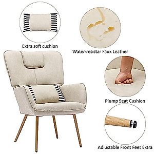 FERFALDER Upholstered Wingback Chair, Accent Chair with Ottoman, Comfy Living Room Chairs, Faux Leather Arm Chairs for Living Room, Bedroom, Office and Study, Beige