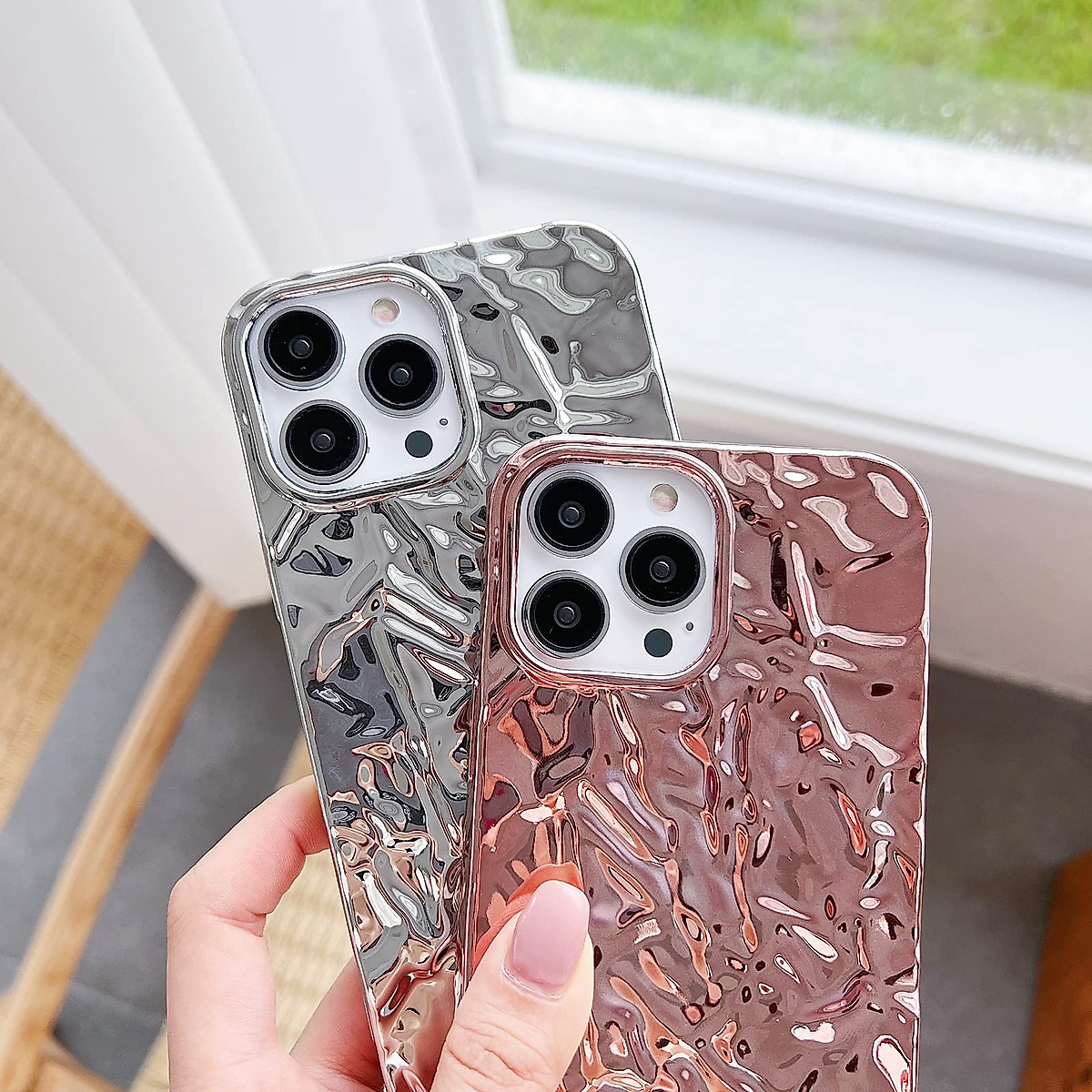 ekoneda Compatible for iPhone 13 Pro Max Case Cute Glitter Fashion Women Girly Luxury Tin Foil Pleated Design Phone Cases 3D Pink Silicone Electroplated Sparkly Slim Soft Glossy Cover 6.7 Inch