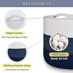 BOSROTY Extra Large Blanket Basket, Laundry Basket, Cotton Rope Basket, 21.7”x 13.8”, Laundry Hamper, XXXL Storage Basket, Woven Basket, Toy Basket, Clothes Baskets, White&Cadet Blue&Navy Blue