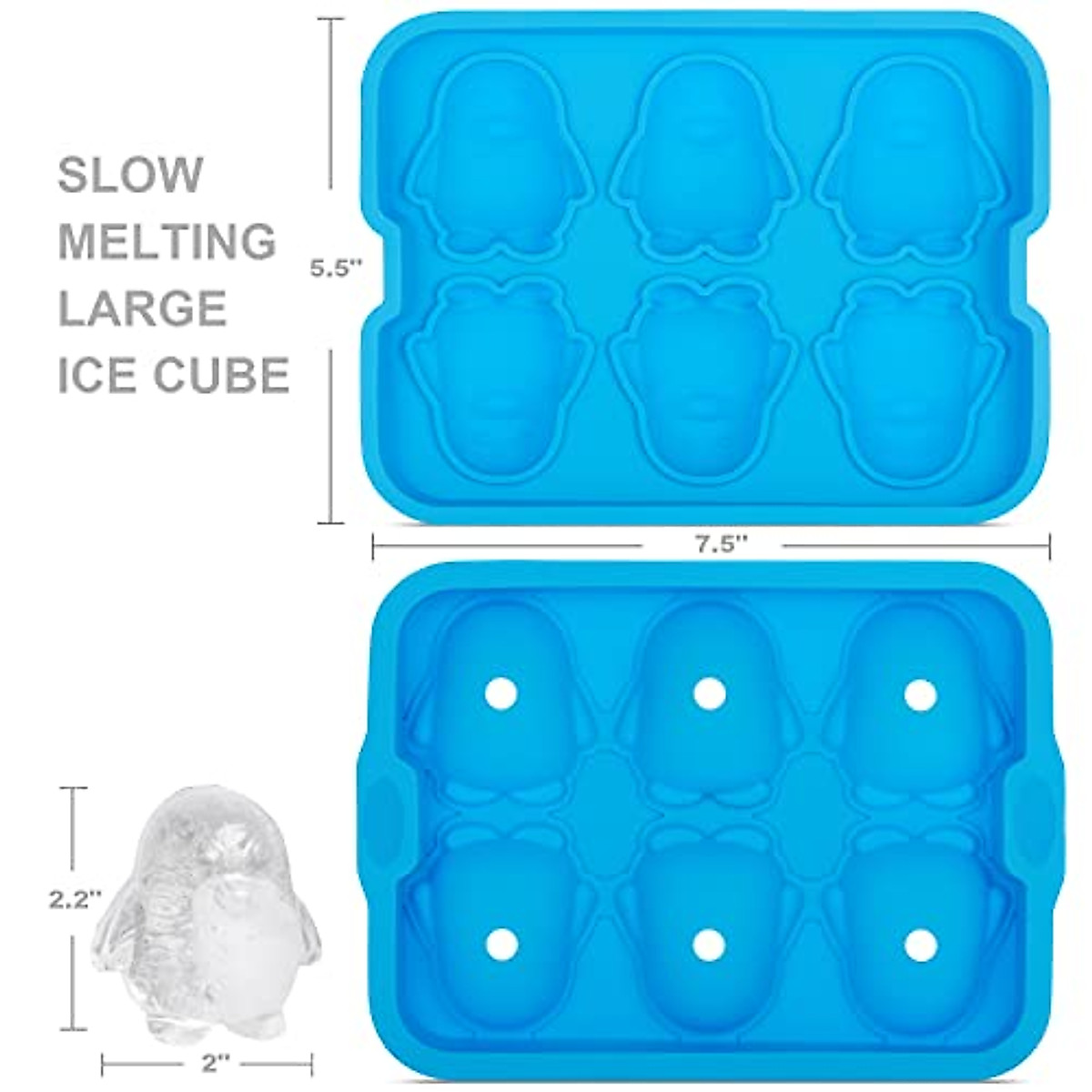 Nax Caki 3D Penguin Gifts Ice Cube Tray Fun Shapes, Odd Novelty Cute Gifts for Penguins Lover, 2.2" Large Silicone Whiskey Ice Mold for Cocktails,Bourbon,Brandy, w/Funnel Blue