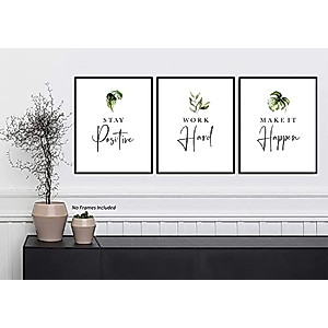 Botanical Inspirational Motivational Wall Art Office Decor - Unframed Set of 3 - 8x10 inch - Black and White Sage Green Leaf Plant Wall Art Posters for Office, Positive Office Decor, Inspirational Motivational Office Wall Decor Posters, Office Wall Art fo