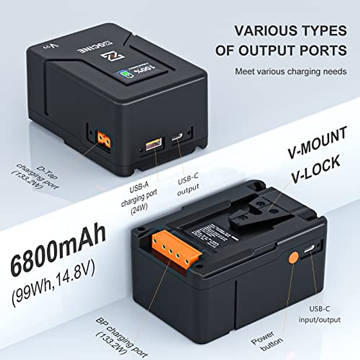 ZGCINE V99 V-Mount Battery 99Wh 14.8V 6800mAh with Dual USB-C,D-TAP,USB-A Output for Video Camera Camcorder Broadcast,V-Lock Battery Compatible with BMPCC 6K Pro/Canon EOS R5C/Sony FX3