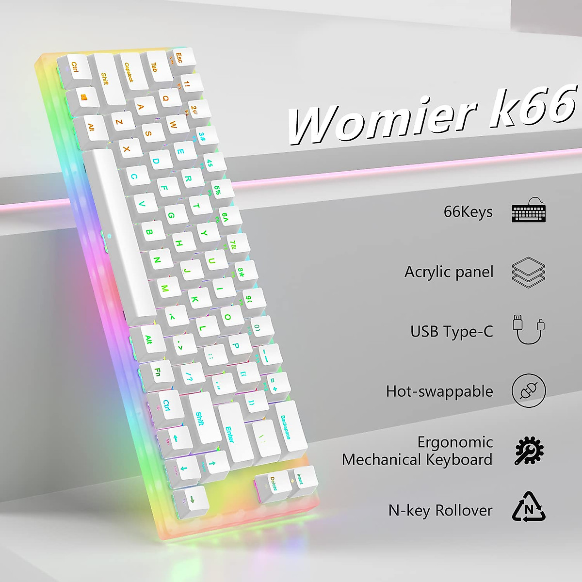 Womier K66 60% Percent Mechanical Keyboard, Hot Swappable Wired RGB Backlit Keyboard, Gateron Switch Acrylic Gaming Keyboard for PC PS4 Xbox, Red Switches