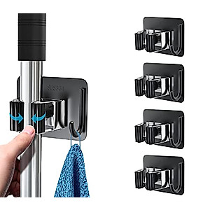 HOMEASY Mop Broom Holder No Drill SUS304 Stainless Steel, Mop Broom Organizer Wall Mounted Heavy Duty with Hooks Hanger, Self Adhesive Stainless Steel 4Pcs for Bathroom, Kitchen, Office