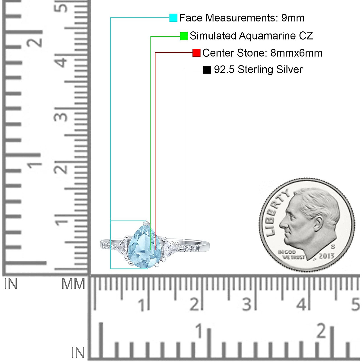 OMRANII Simulated Aquamarine CZ Size-7 Teardrop Pear Art Deco Engagement Wedding Bridal Ring Round Triangle Round CZ 925 Sterling Silver