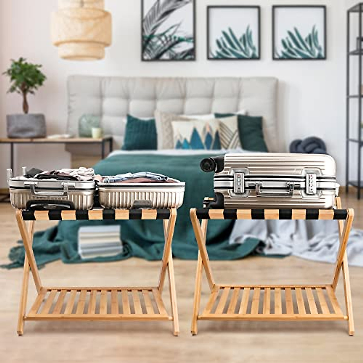 Purbambo Luggage Rack for Guest Room, Suitcase Stand with Storage Shelf, Bamboo Frame, 6 Nylon Straps, Foldable for Easy Storage