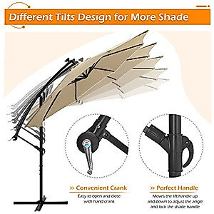 AECOJOY 10FT Patio Outdoor Umbrella with Solar Powered LED Hanging Offset Umbrella with Cross Base, 24 LED Lights for Backyard, Beige