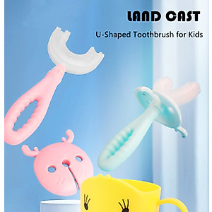 Land cast U-Shaped Toothbrush for Kids, Manual Training Tooth Brush Food Grade Soft Silicone Brush Head Baby Massage Toothbrush All-Round Cleaning (Pink)