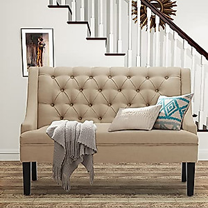 Tongli 50" Small Modern Loveseat Settee Sofa Linen Fabric 2-Seat Sofa Couch Tufted Love Seat Dining Bench with Back Upholstered Banquette Sofas for Living Room Bedroom Small Space Entryway Tan