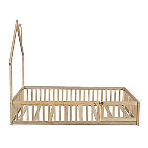 NUGYK Wood Full Size House Platform Bed with Guardrail, Solid Wood Floor Bed Frame with House-Shaped Headboard for Kids, Strong Sturdy Slats Support, Space-Saving Natural