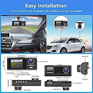 SIXWIN Dash Cam Front and Rear Triple lences Dash Cam with 32G TF Card 2 inch Dashboard Camera 1080P Full HD 130°Wide Angle with Parking Monitor Loop Record Voice Record Night Vision Backup Camera