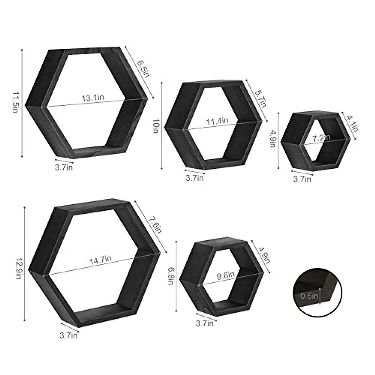 YBING Hexagon Floating Shelves Set of 5 Hexagonal Wall Mounted Decorative Shelf Honeycomb Storage Hanging Wooden Shelves for Farmhouse Living Room Bedroom, Black