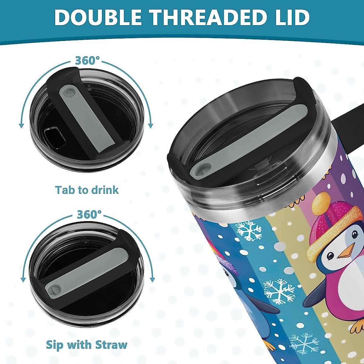 FRCSDIY Cartoon Penguin Insulated Tumbler with Handle and Straw Lid,30oz Leakproof Stainless Steel Cup BPA-Free Water Bottle