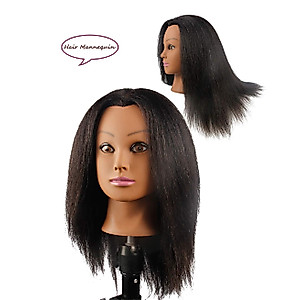 Kalyx African Mannequin Head Real Hair for Cosmetology Manikin Maniquins Hairdresser Practice Training Head Doll Head and Table Clamp Stand(B12)