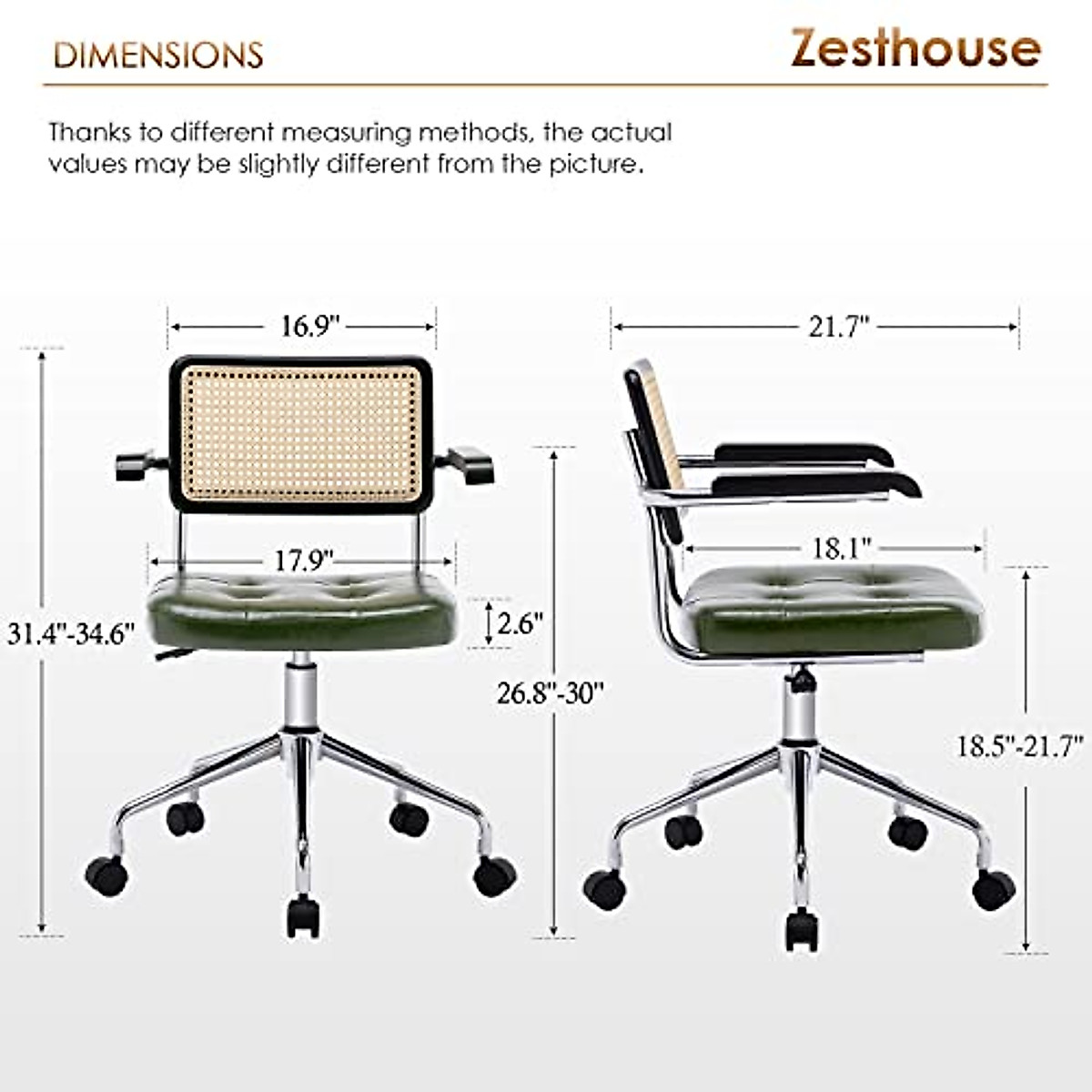 Zesthouse Modern Home Office Chair Leather Desk Chair with Rattan Back, Vanity Chair for Girls Women, Upholstered Tufted Swivel Armchair for Bedroom Living Room,Height Adjustable Computer Task Chair