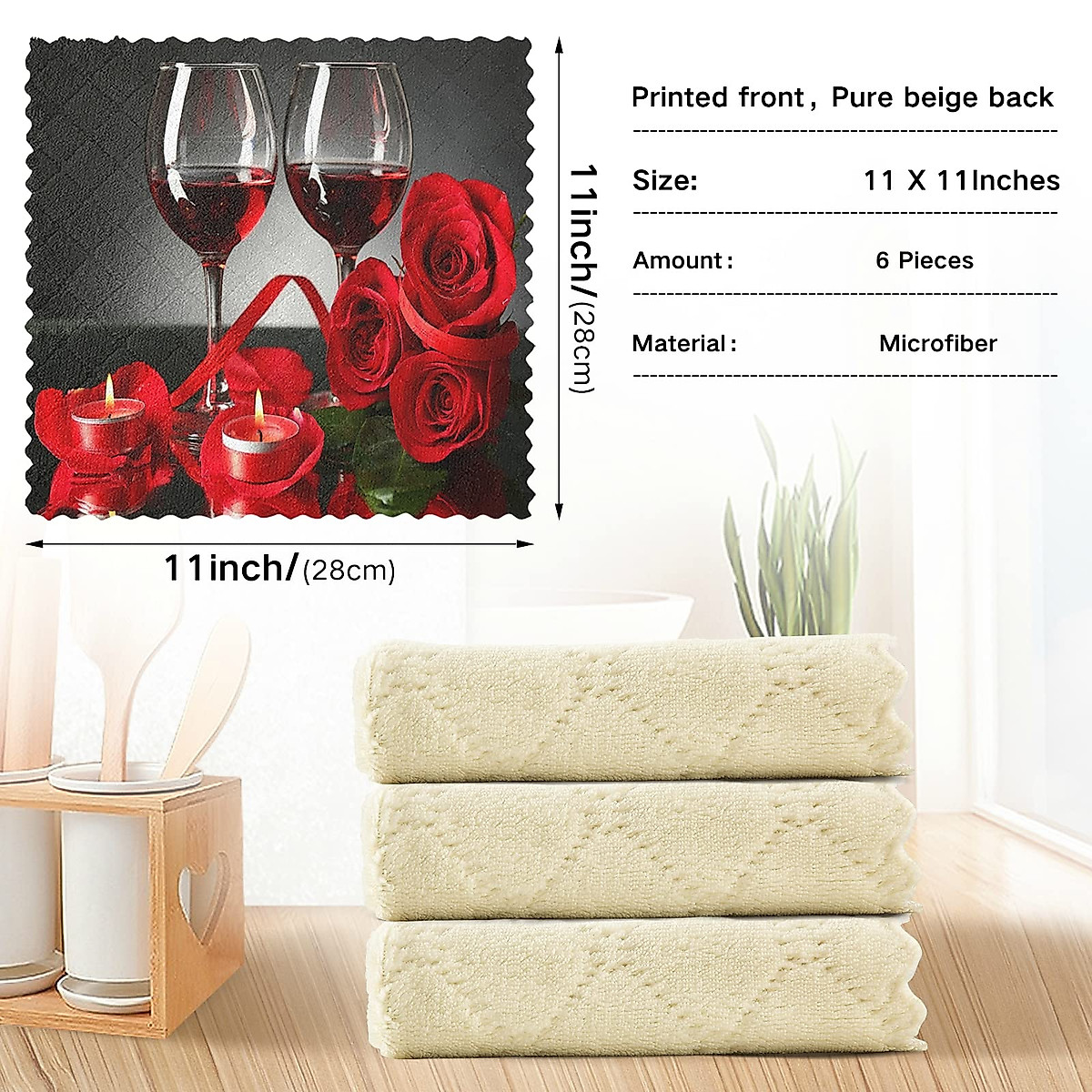 linqin Red Wine Rose Kitchen Towels Dishcloths, Pack of 6, Soft Reusable Absorbent Dish Towels Sets Cleaning Towels for Cleaning Dishes, Counters, Kitchen, Bathroom