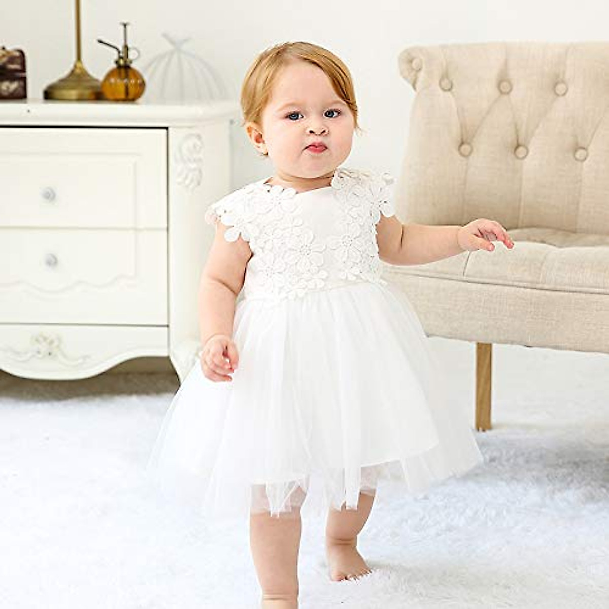 CareCheer White Baby Girl Christening Short Dress Baptism Dedication Blessing Gown Special Occasion Dresses (0-6 Months)