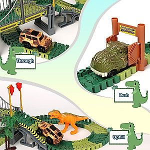 Dinosaur Track Toys with 227PCS Flexible Track, 1 Dinosaur Car, 1 Race Car, 8 Dinosaurs for 3 4 5 6+ Year Old Boys Girls Best Gift, Create A Unique Dinosaur World Road Race